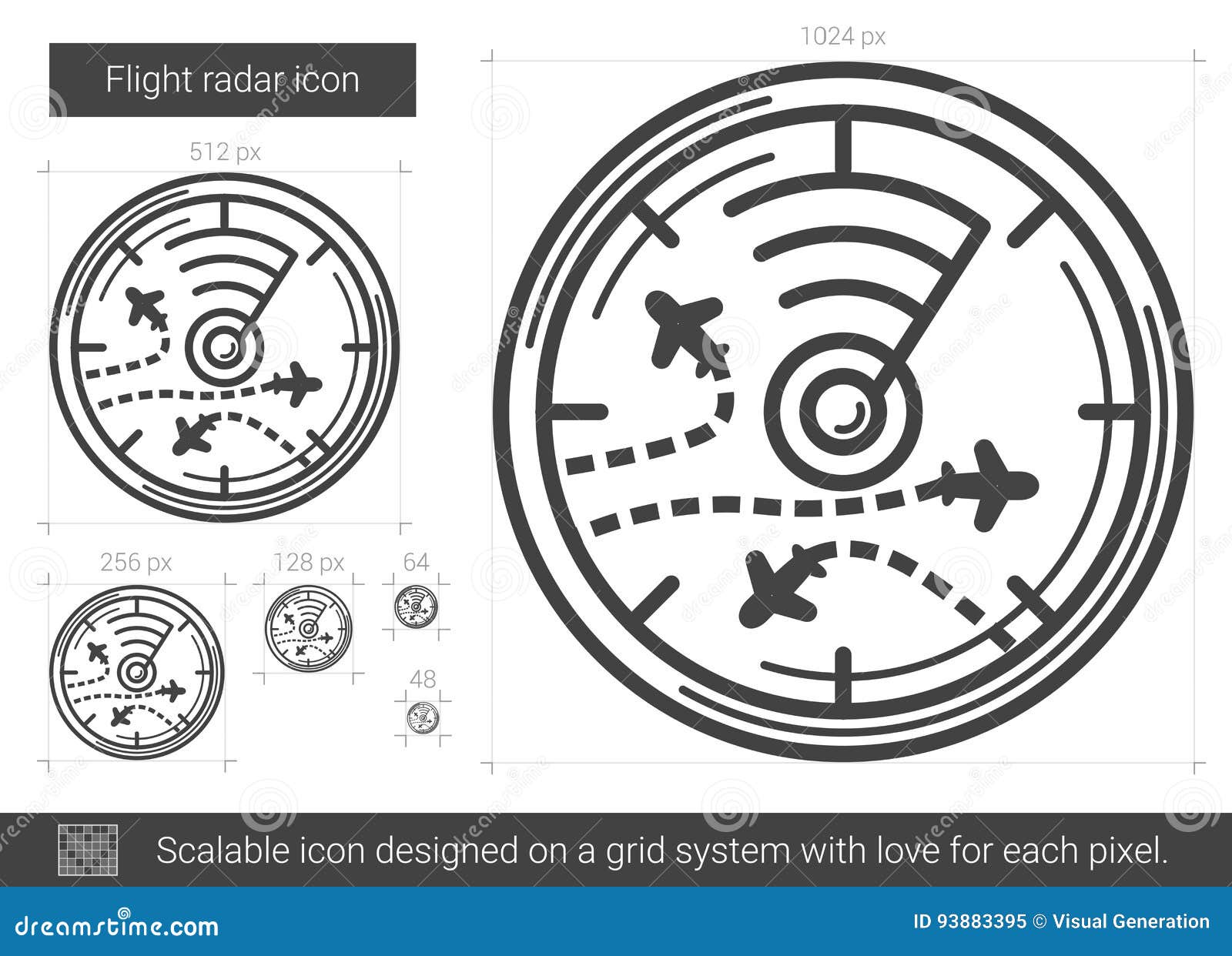 Flight radar line icon. stock vector. Illustration of drawing - 93883395