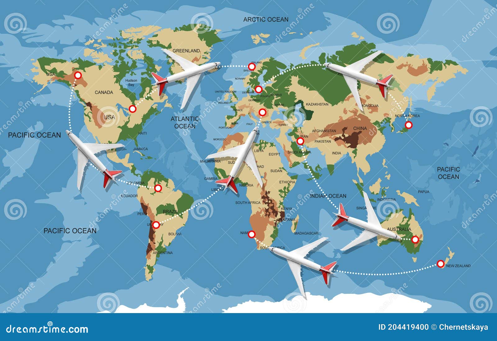 Airplane Routs Around Cartoon Earth Which Is Rotating On Colorful ...