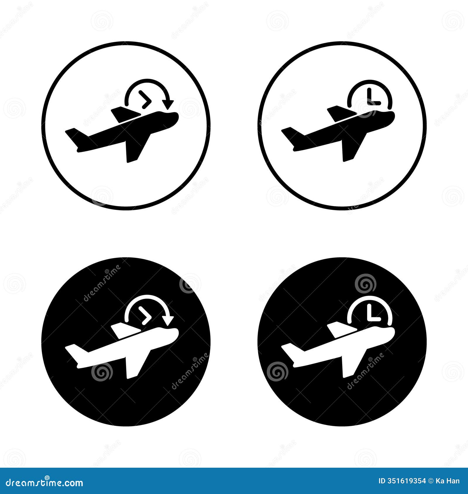 Flight Schedule Time Icon Set on Black Circle. Airplane Take Off Clock ...