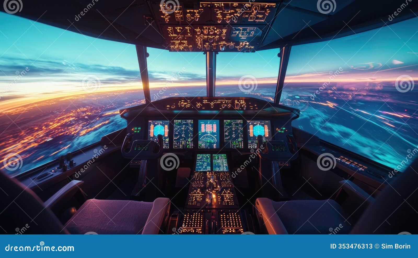 A Flight Simulator Cockpit with Multiple Screens and Controls Stock ...
