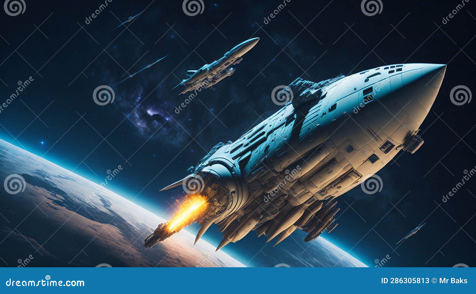The Flight of the Spaceship. Stock Illustration - Illustration of ship ...