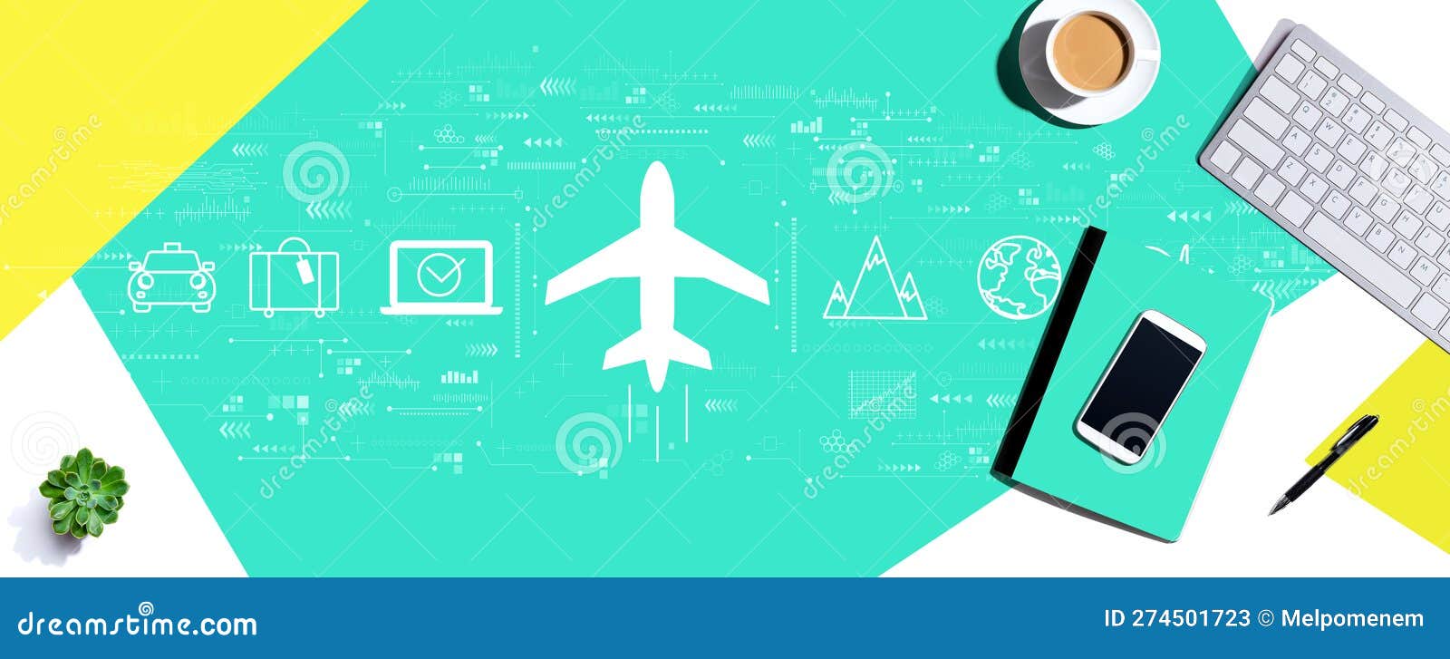 Flight Ticket Booking Concept with Computer Keyboard and Office Items ...