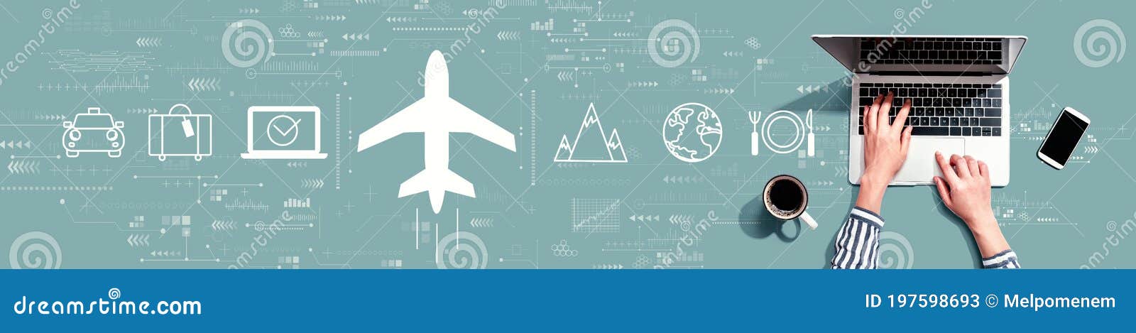 Flight Ticket Booking Concept with Person Using Laptop Stock Image ...