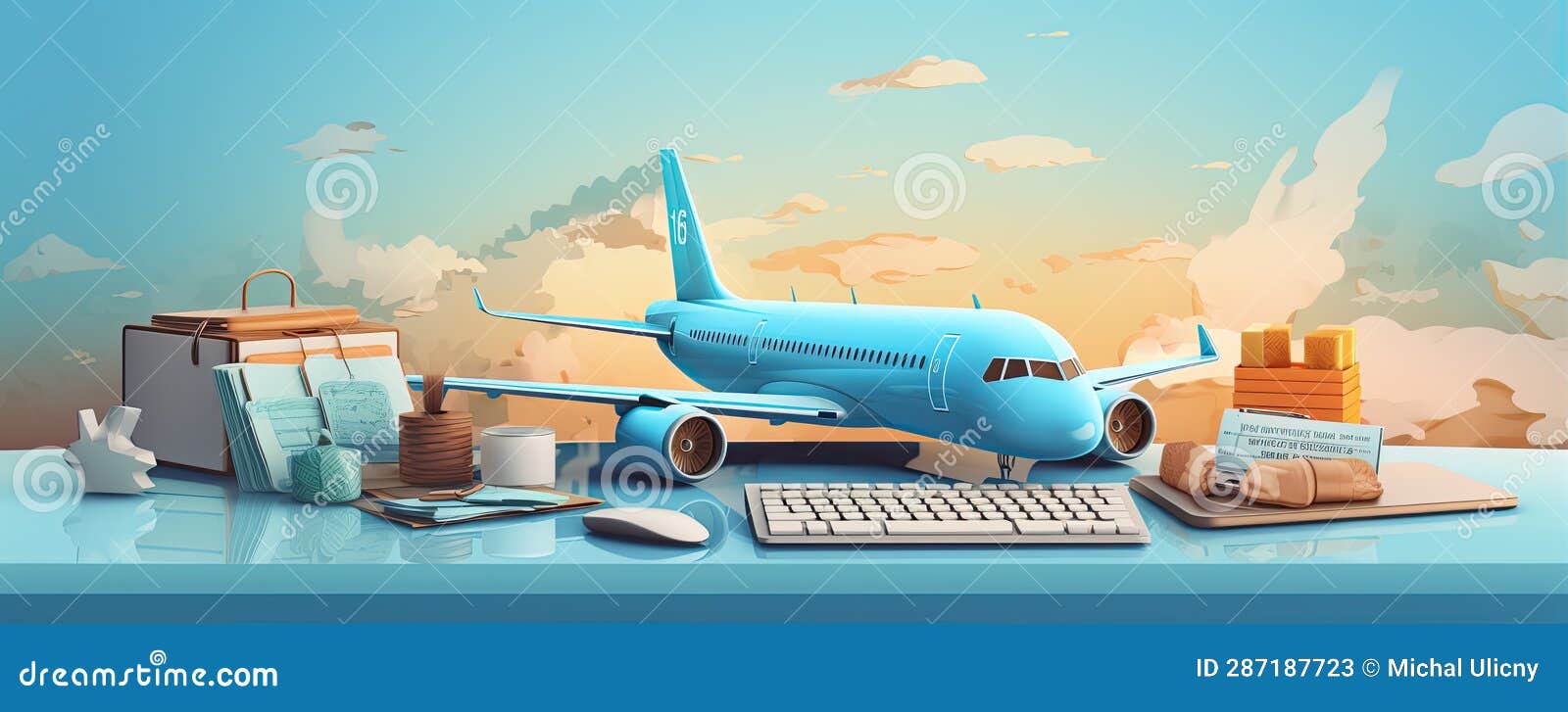 Flight Ticket and Plane Cartoon Style Stock Illustration - Illustration ...