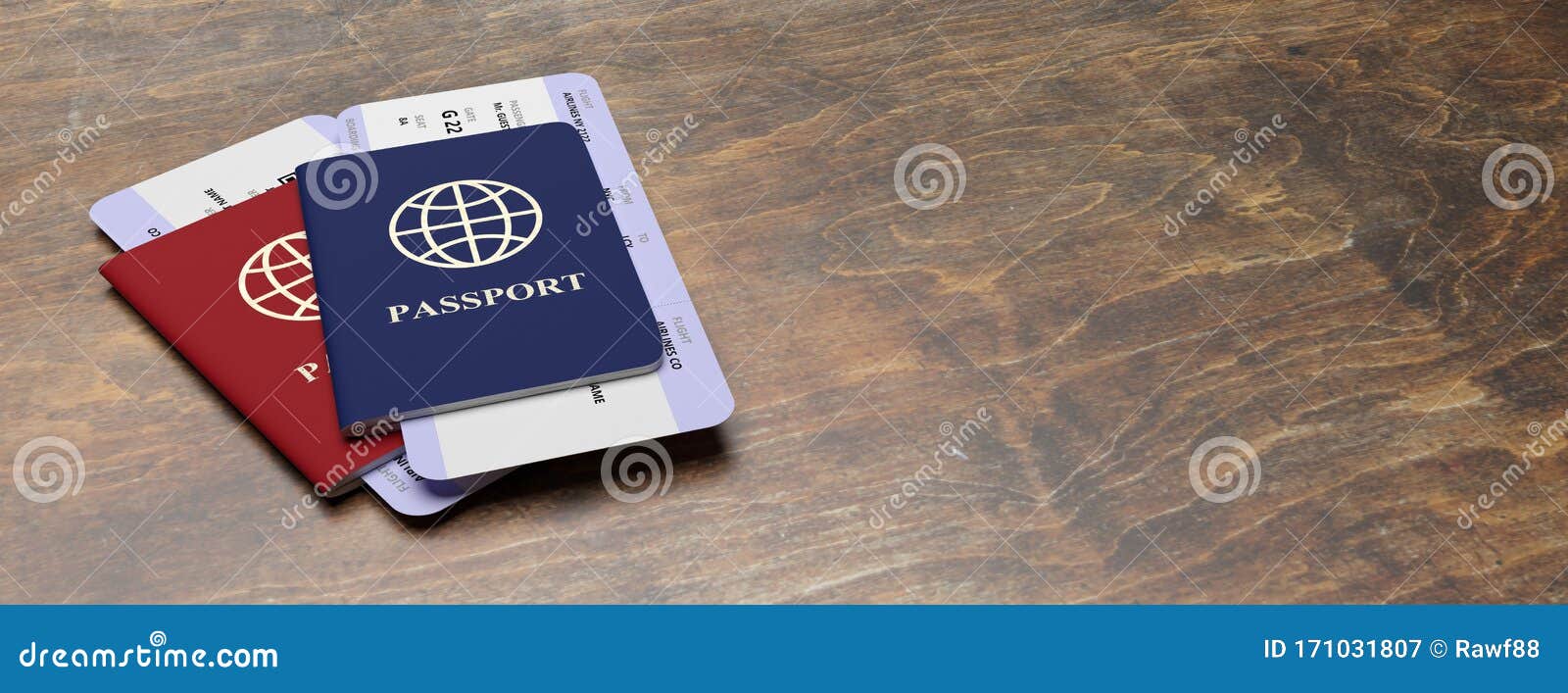 Passports And Plane Tickets On Wood Banner Copy Space 3d