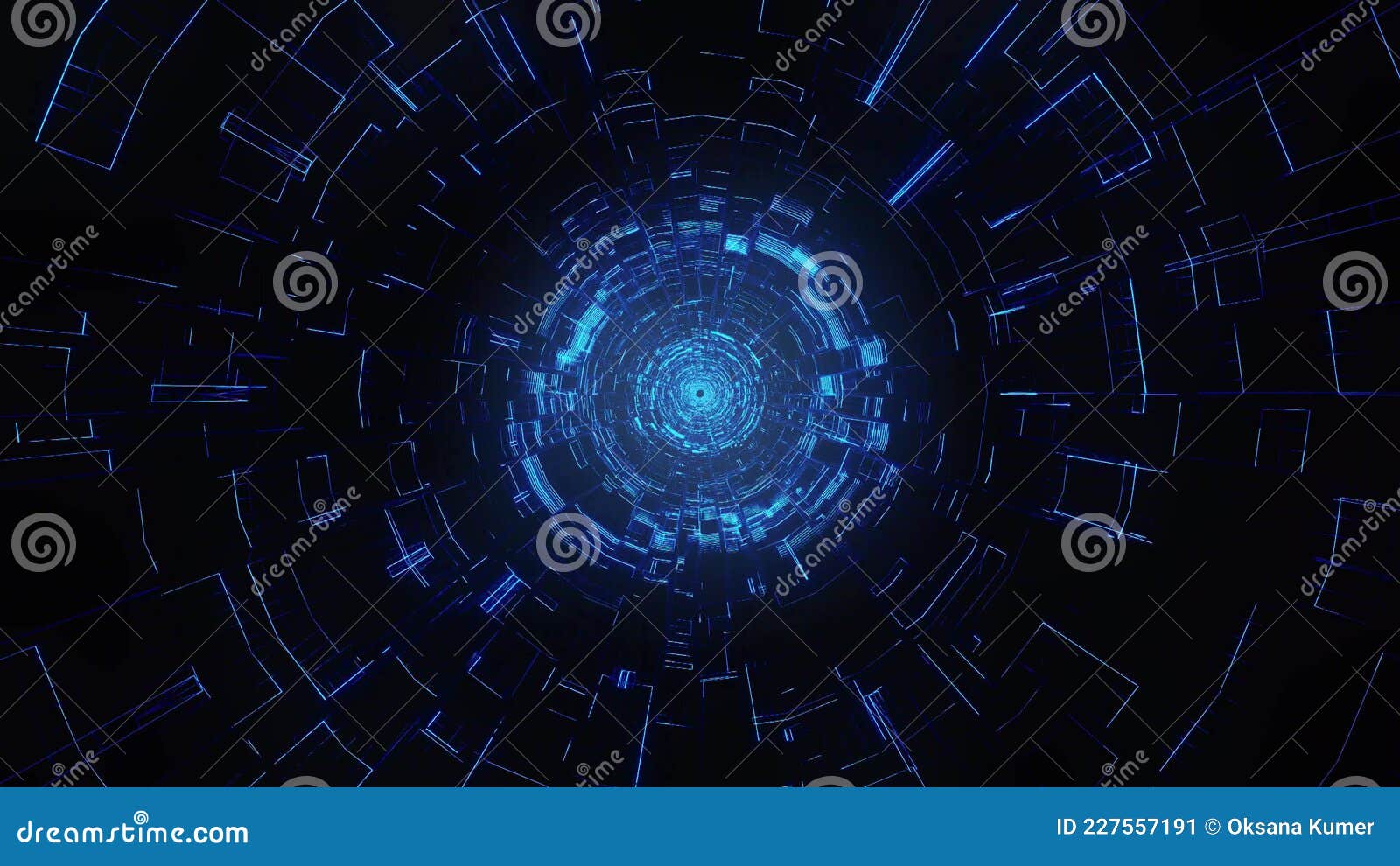 Flight into Web Structure, Abstract Neon Blue Circle Sci-fi Tunnel ...