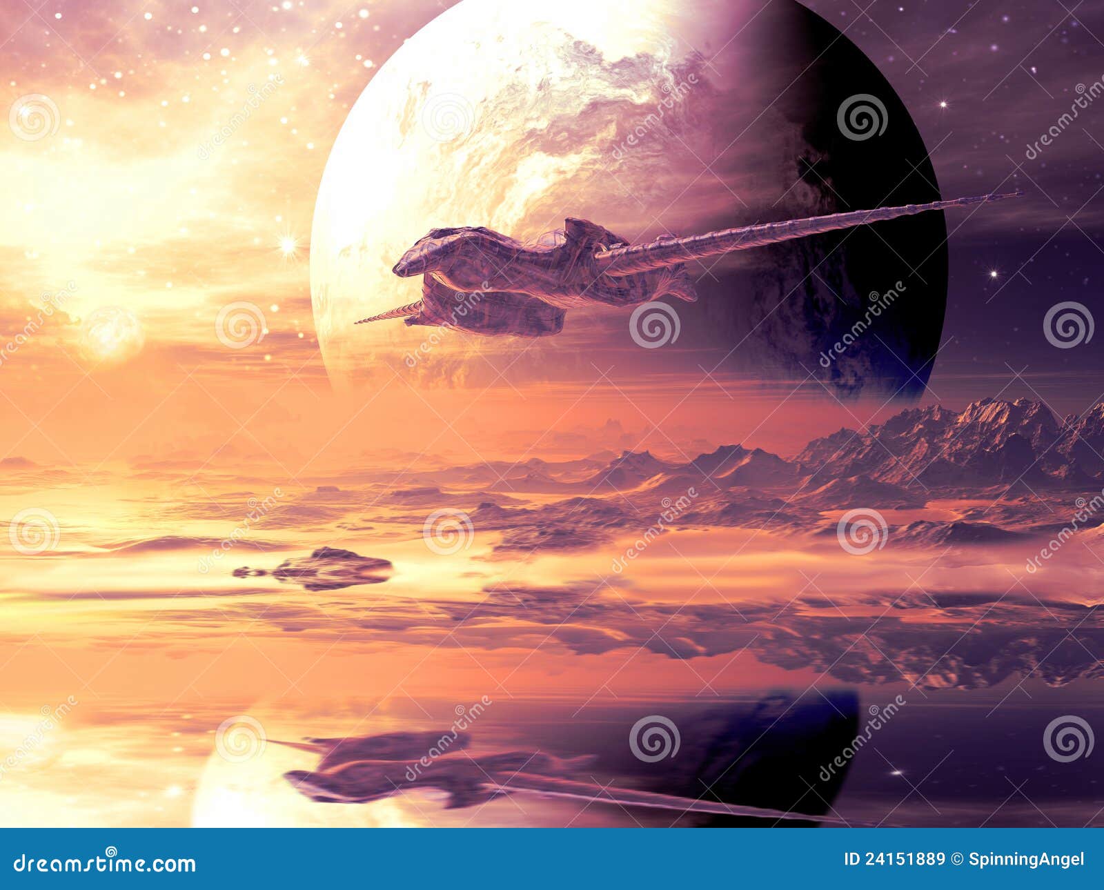 Flightpath of Alien Spaceship Over Distant Planet Stock Illustration ...
