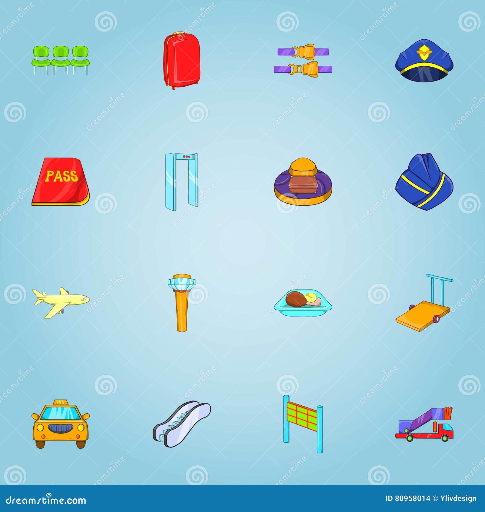 Flights Icons Set, Cartoon Style Stock Vector - Illustration of chairs ...