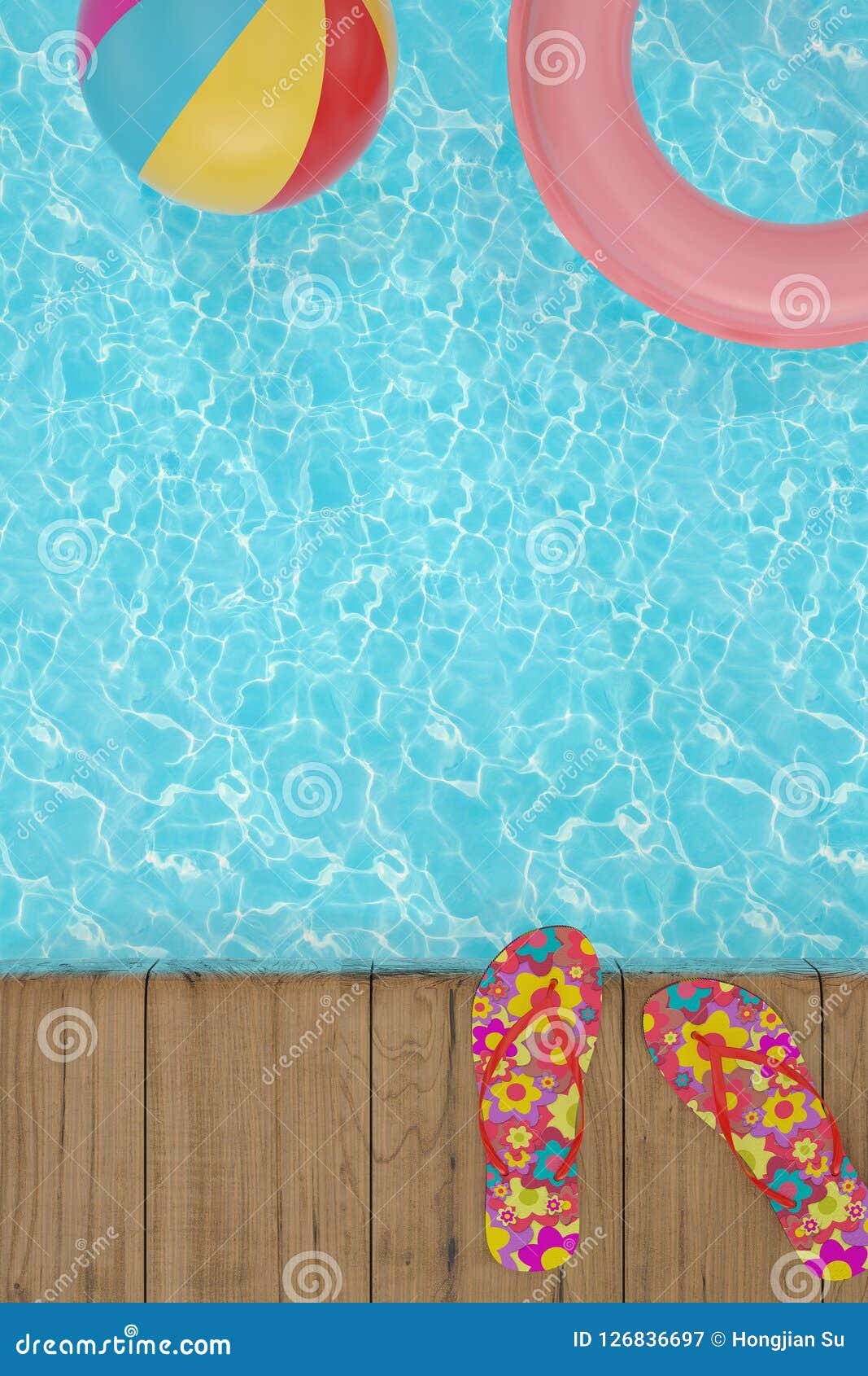 Flip Flop on Wooden Board and Pool 3D Illustration. Stock Illustration ...