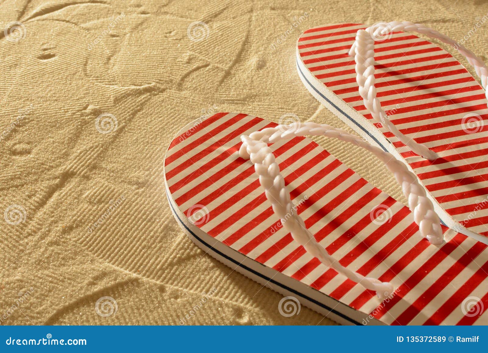 Flip Flops on a Sandy Beach, Sunset, Top View Stock Image - Image of ...