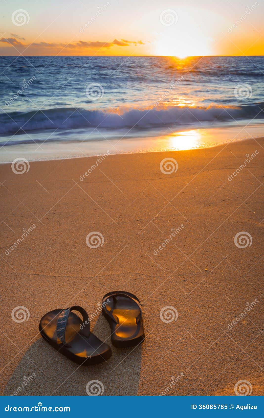 Flip-flops (slippers) on a Tropical Beach at Sunset Stock Image - Image ...