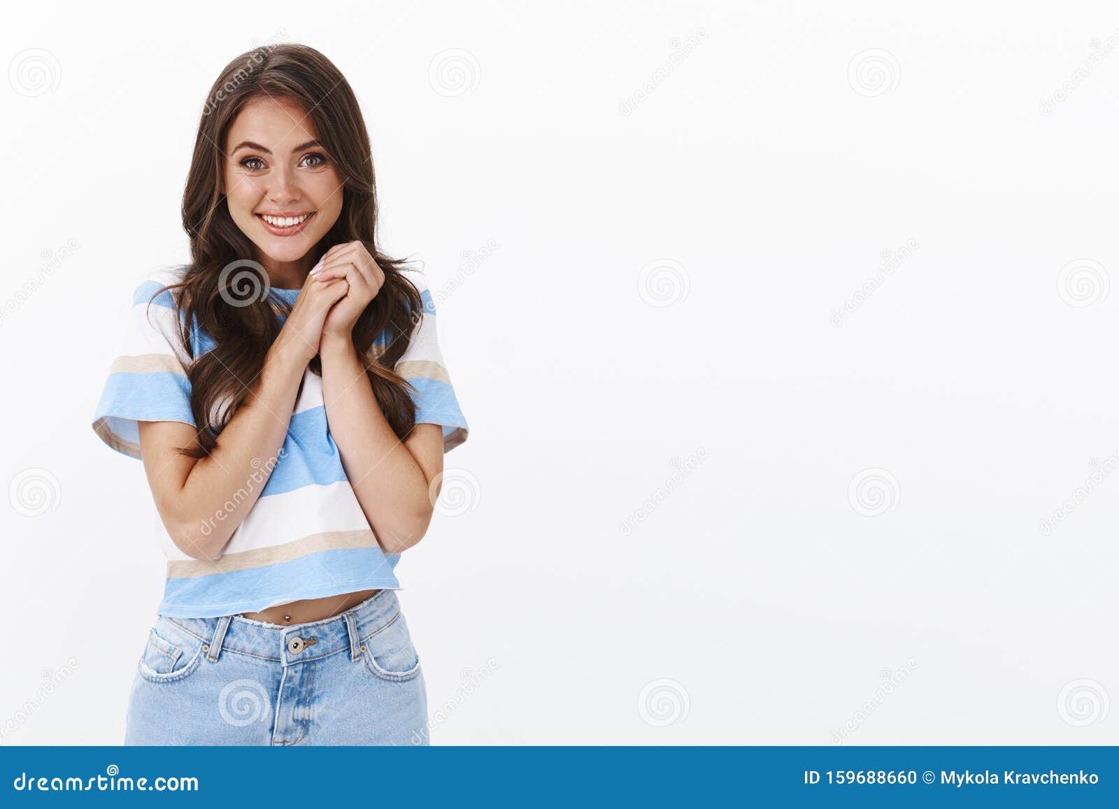 Flirty Feminine Sensual Pretty Woman Receive Nice Touching T Press Hands Together Silly