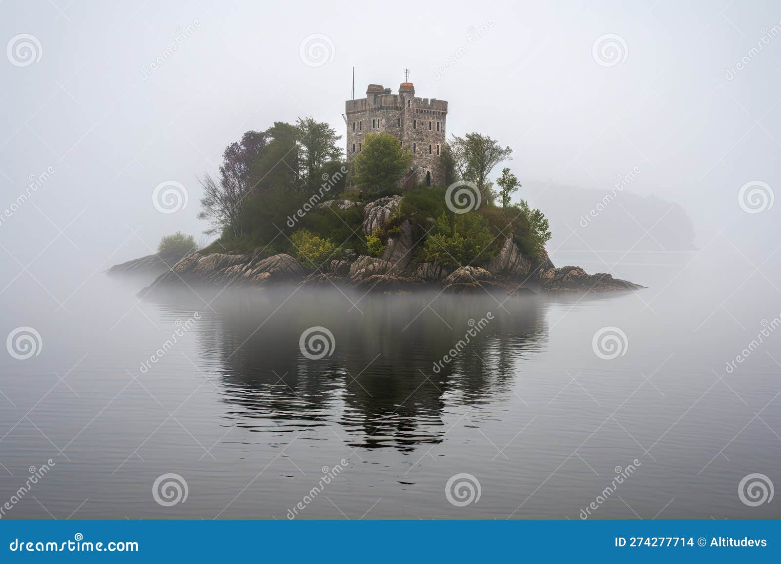 Float Island with Castle Turret, Surrounded by Mist Stock Illustration ...