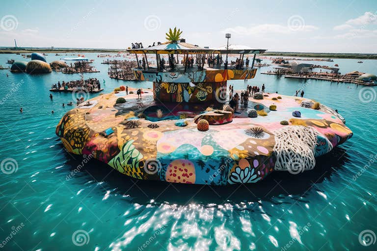Float Island Surrounded by Abstract Shapes and Patterns Stock ...