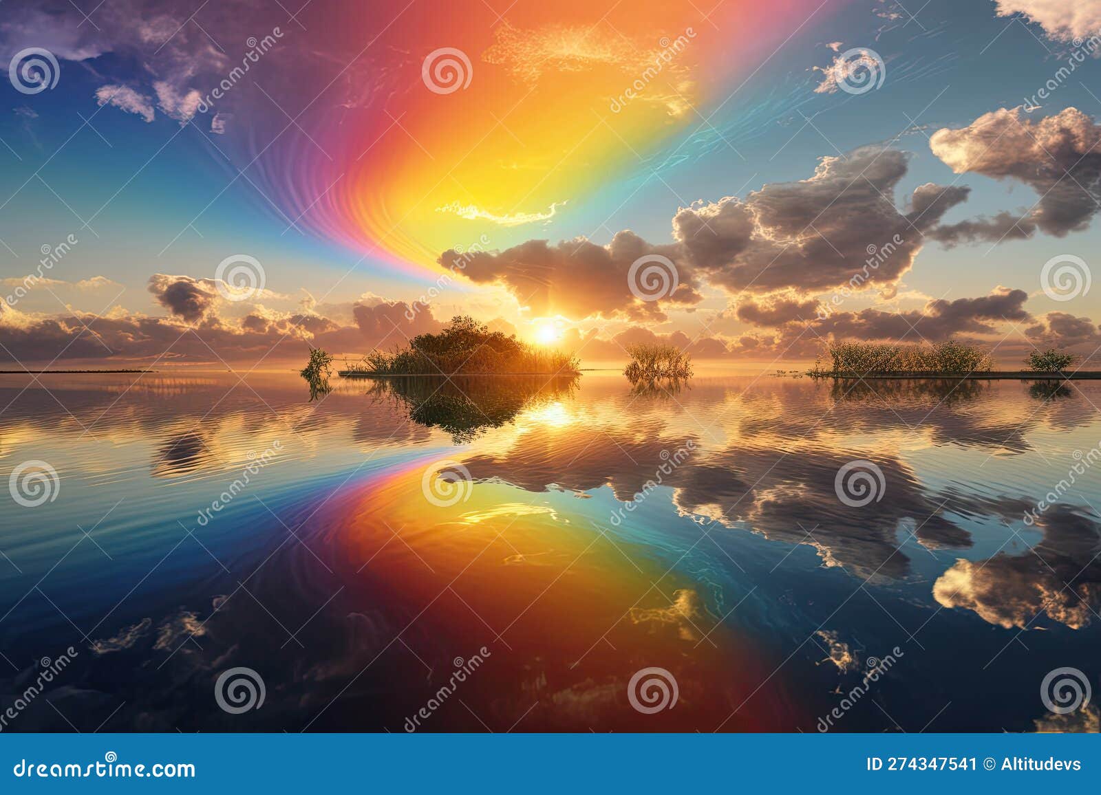 Float Landscape With Surreal Rainbow Sky And Sun Setting Stock Image ...