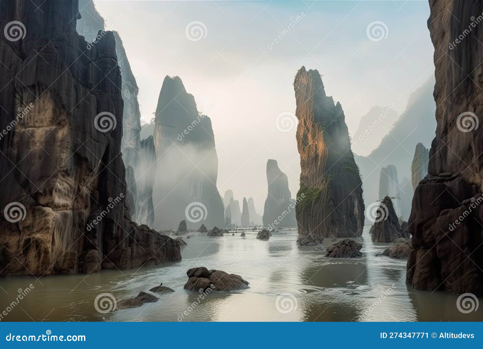 Float Landscape with Towering Vertical Rock Formations, Waterfalls and ...