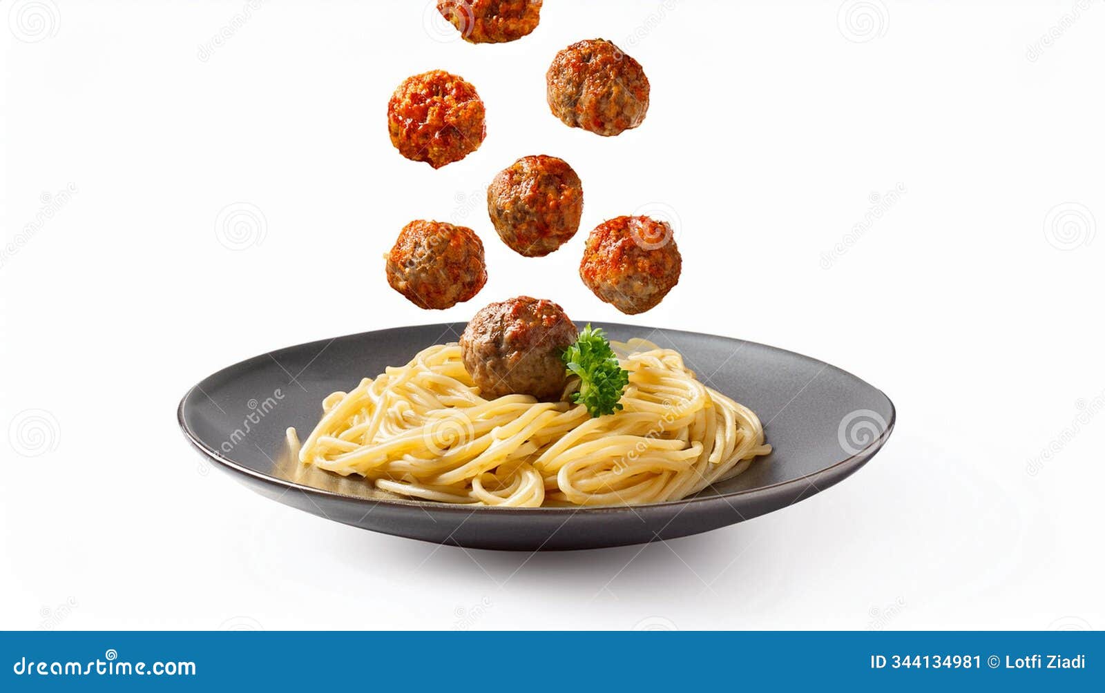 Floated Spaghetti Pasta with Meatballs Falling into a Plate Isolate on ...
