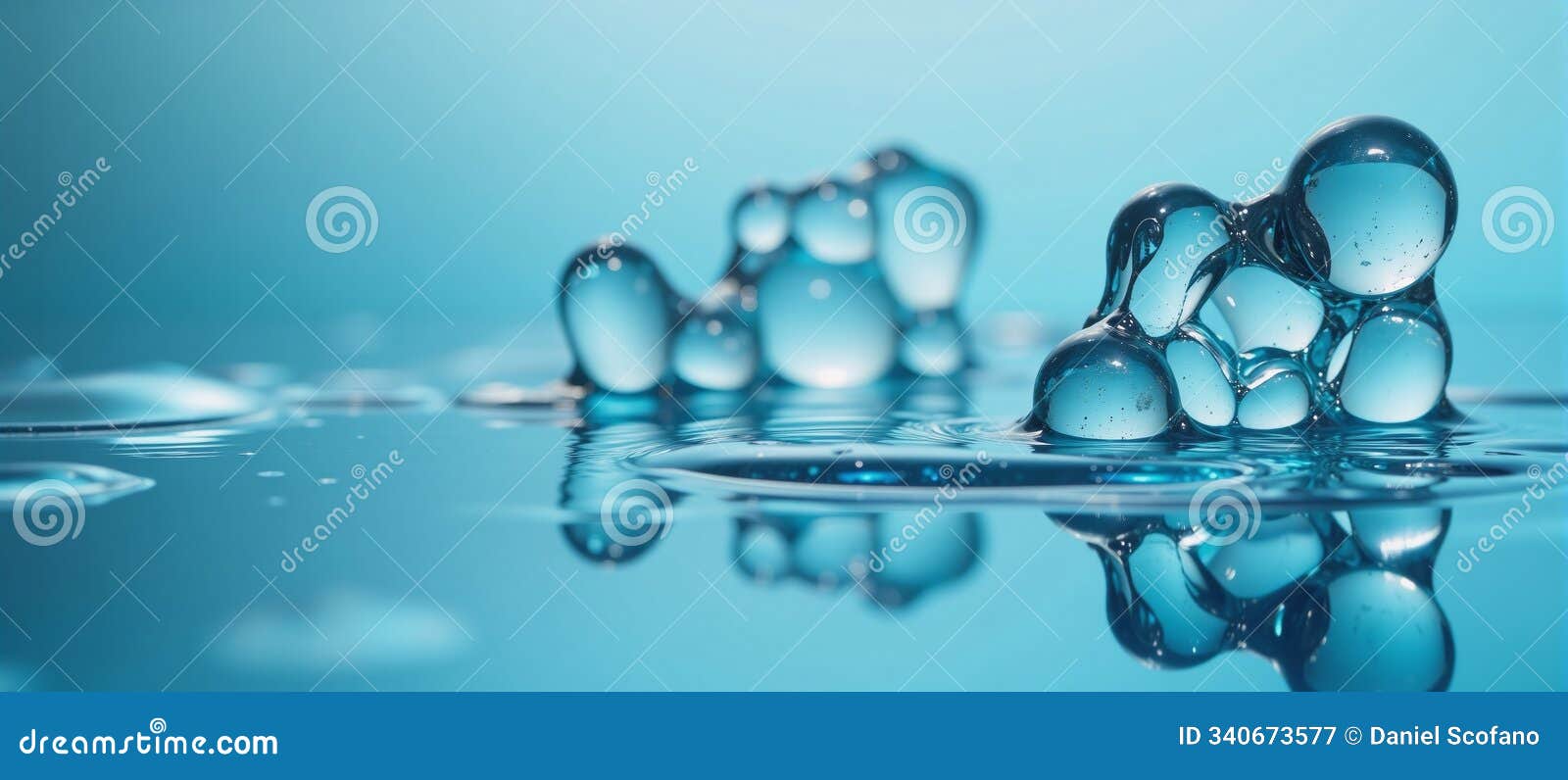 Floating Abstract Glass Molecules in Blue Liquid Against Blurred ...