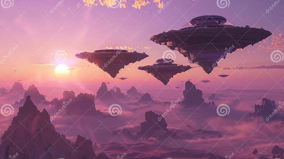 Floating Alien Cities at Sunset Stock Illustration - Illustration of ...