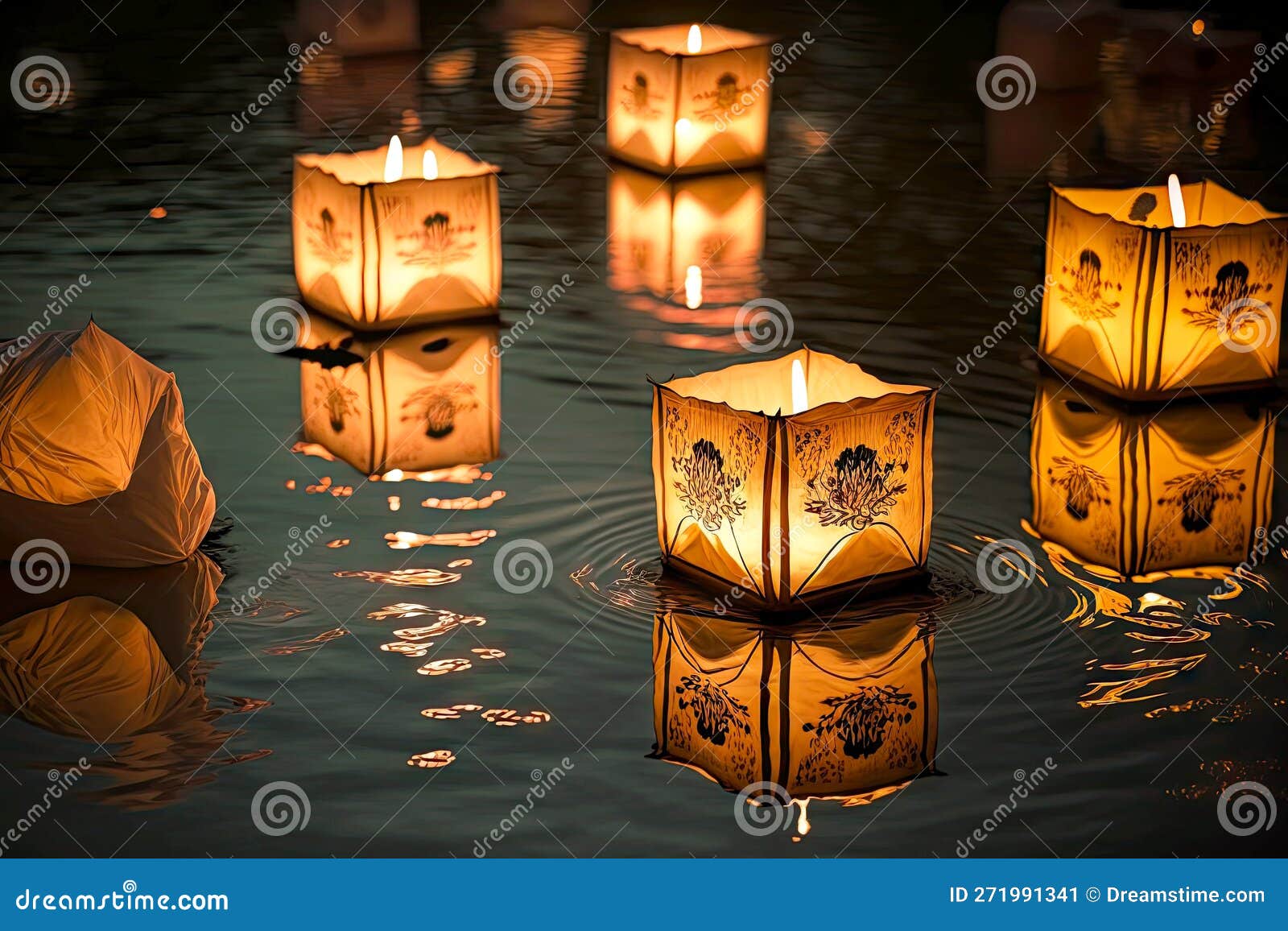 Floating Asian Lanterns of Rectangular Shape Floats on Surface of Water ...