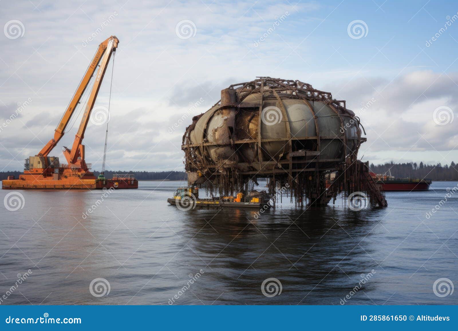 Floating Barge with Crane Installing Ocean Turbine Stock Photo - Image ...