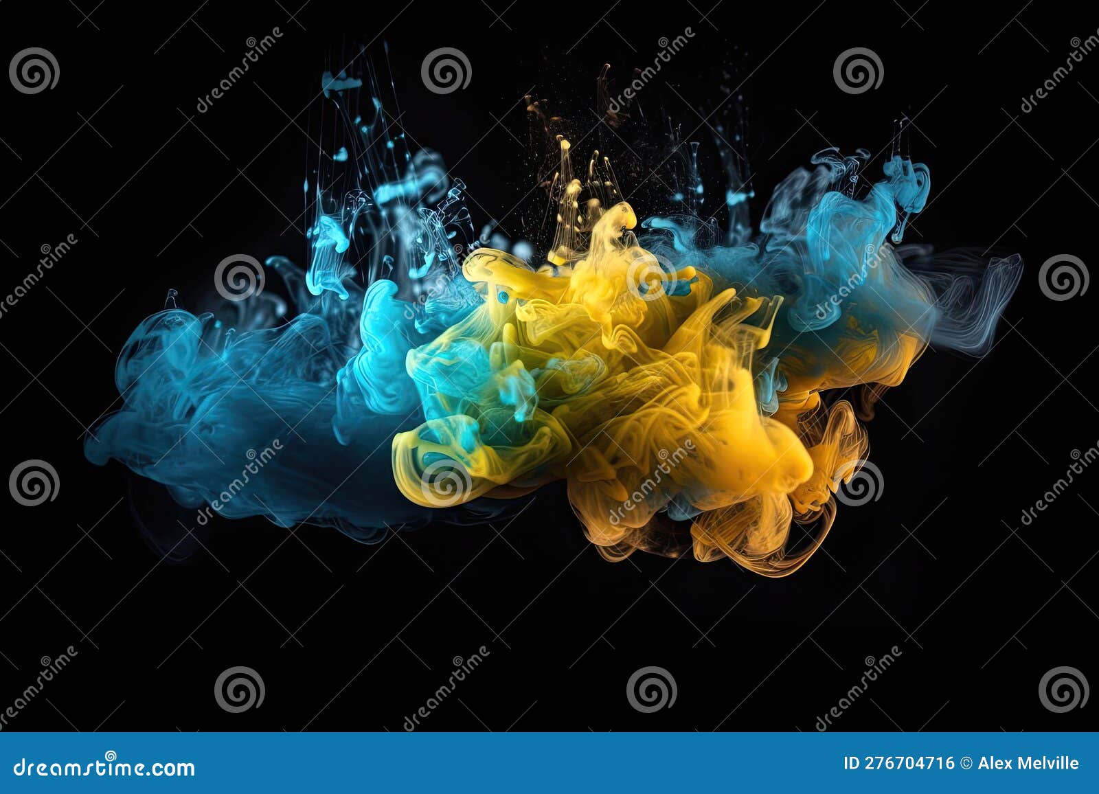Floating Blue and Yellow Smoke Cloud Twisting Together on Black ...