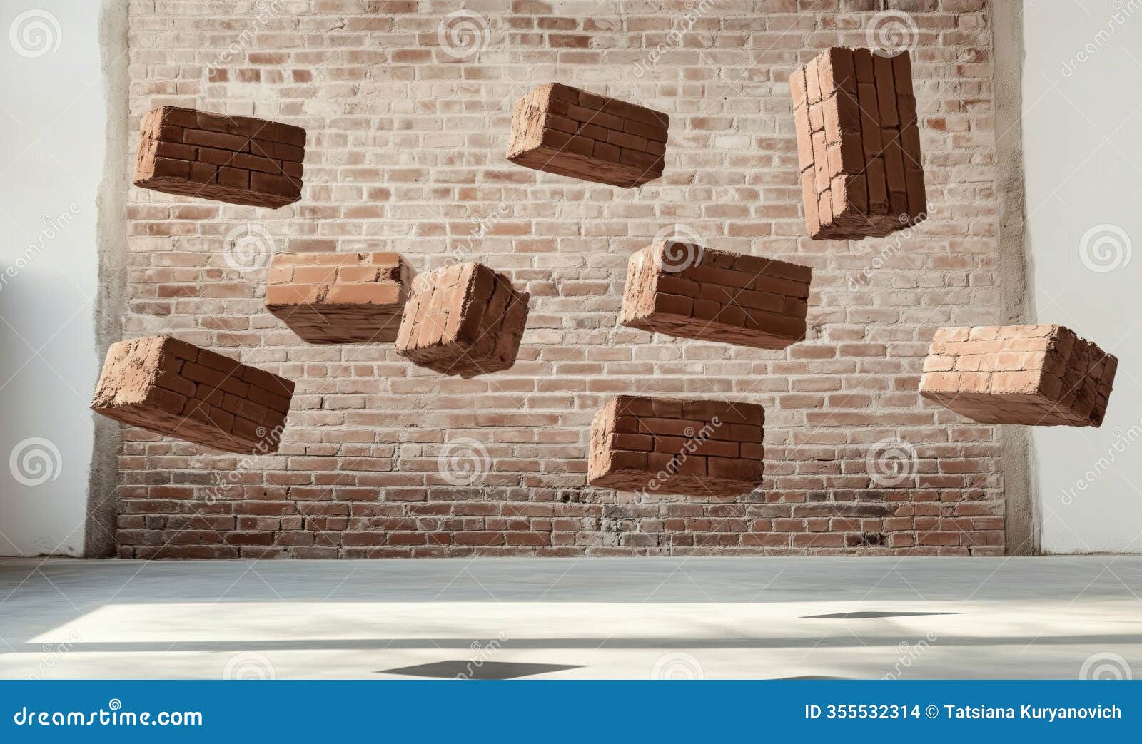 Floating Bricks Against Textured Brick Wall in Modern Interior Space ...