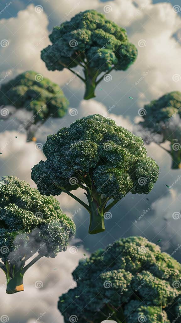 Floating Broccoli Trees in a Cloudy Sky, Surreal Concept Stock Image ...