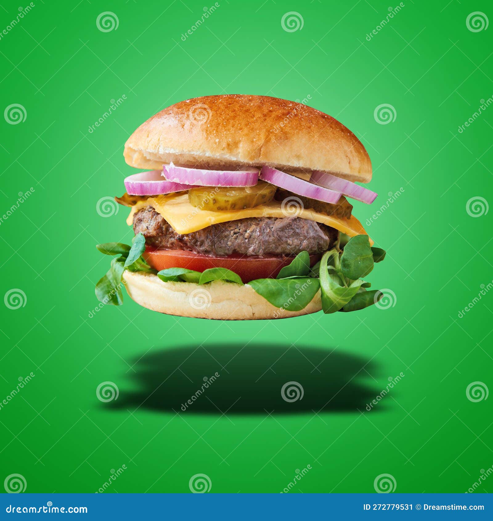 Floating Burger with Beef Onions and Cheese on Green Gradient Stock ...