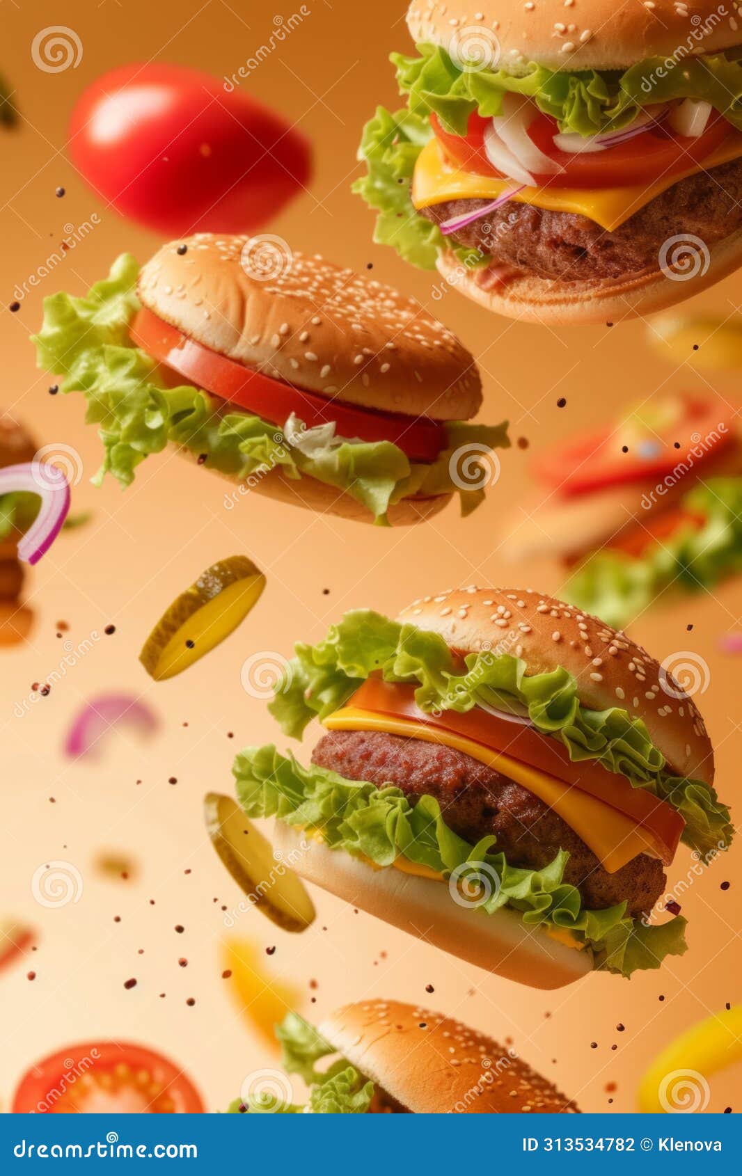 Floating Burger Ingredients on Orange Stock Photo - Image of gourmet ...