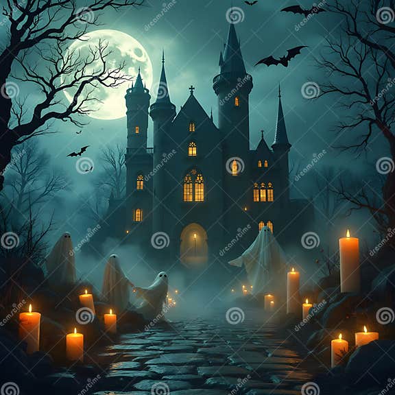 Floating Candles and Ghosts in a Haunted Halloween Castle Stock Photo ...