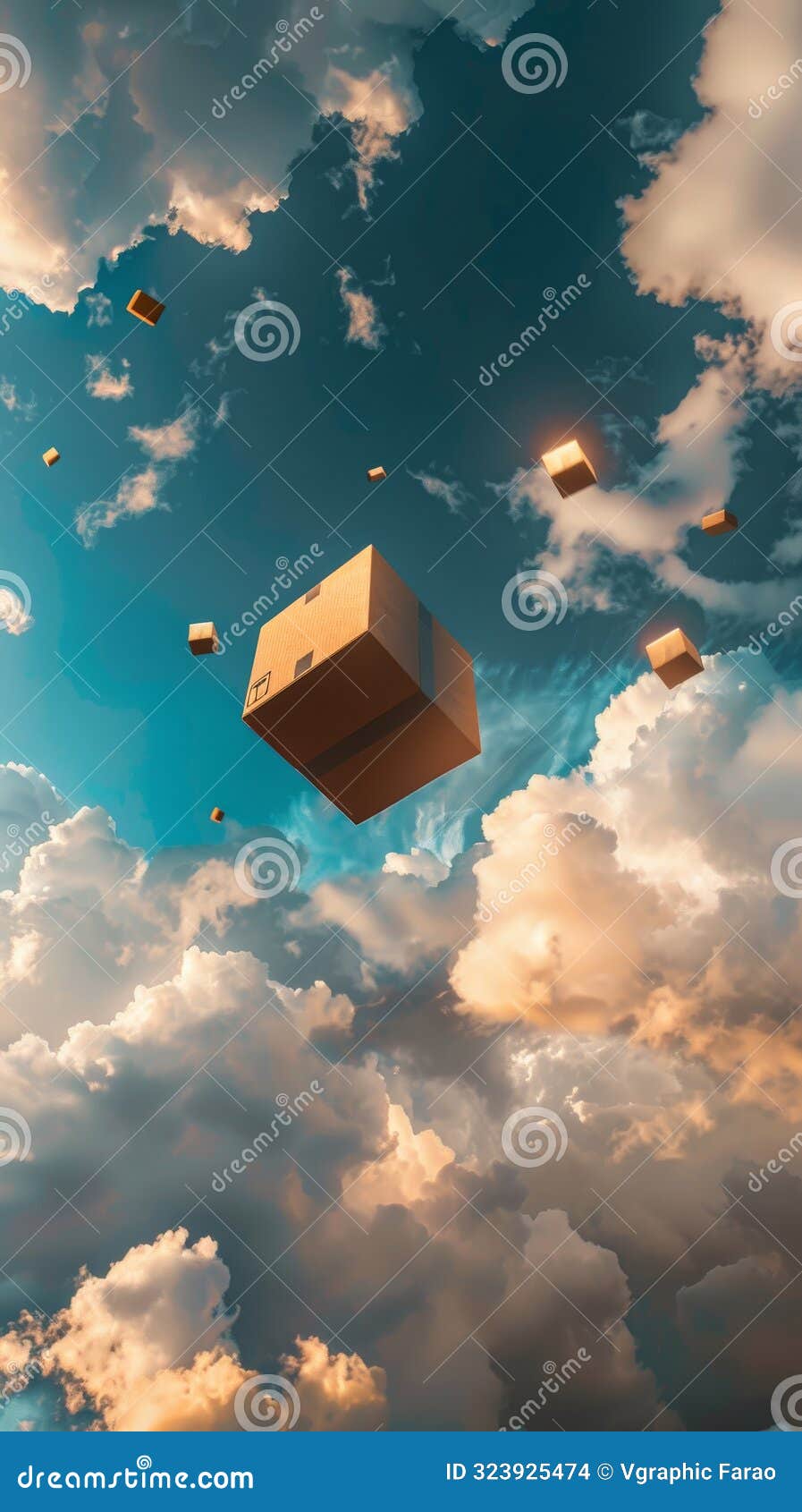 Floating Cardboard Boxes in a Cloudy Sky, Surreal Concept Stock Photo ...
