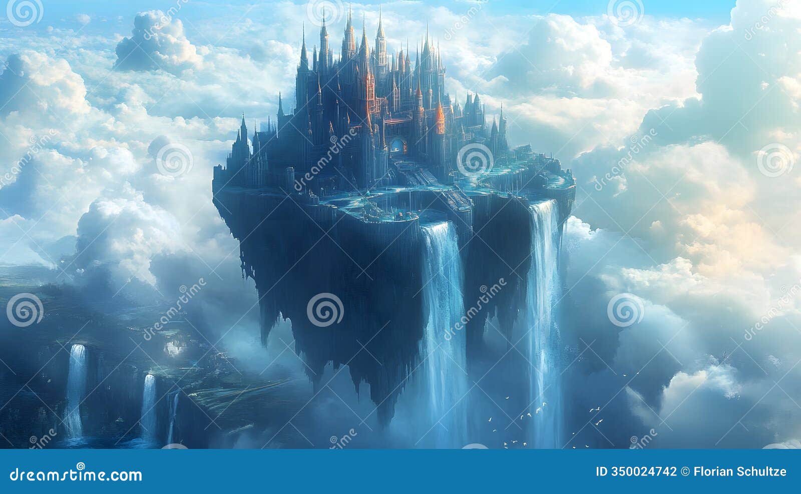 A Floating Castle Above the Clouds with Waterfall Stock Illustration ...