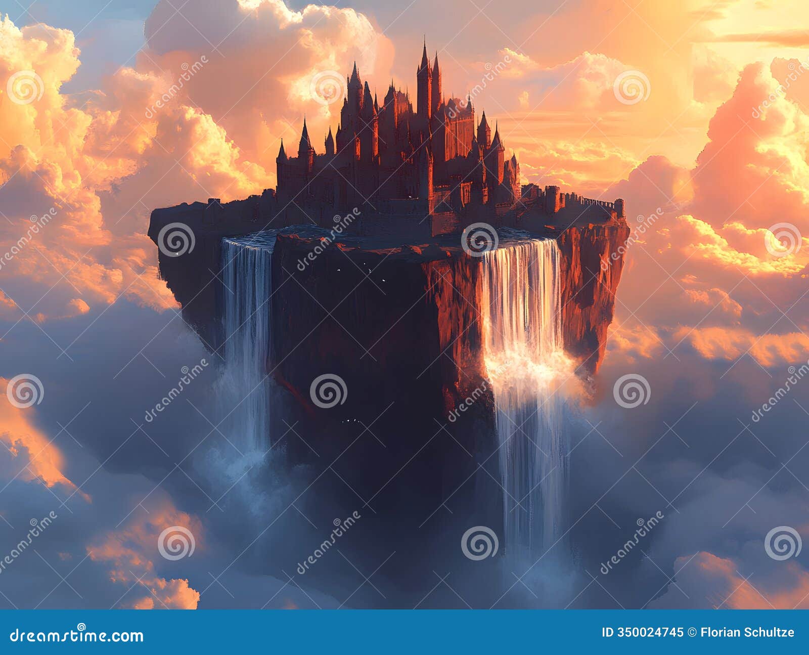 A Floating Castle Above the Clouds with Waterfall Stock Illustration ...