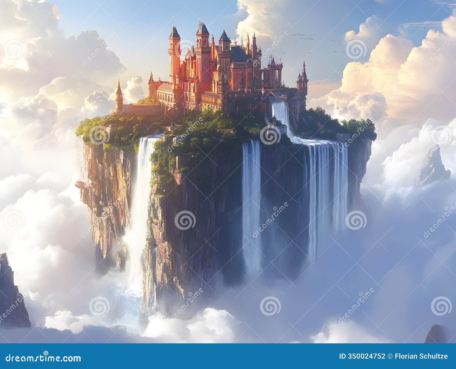 A Floating Castle Above the Clouds with Waterfall Stock Illustration ...
