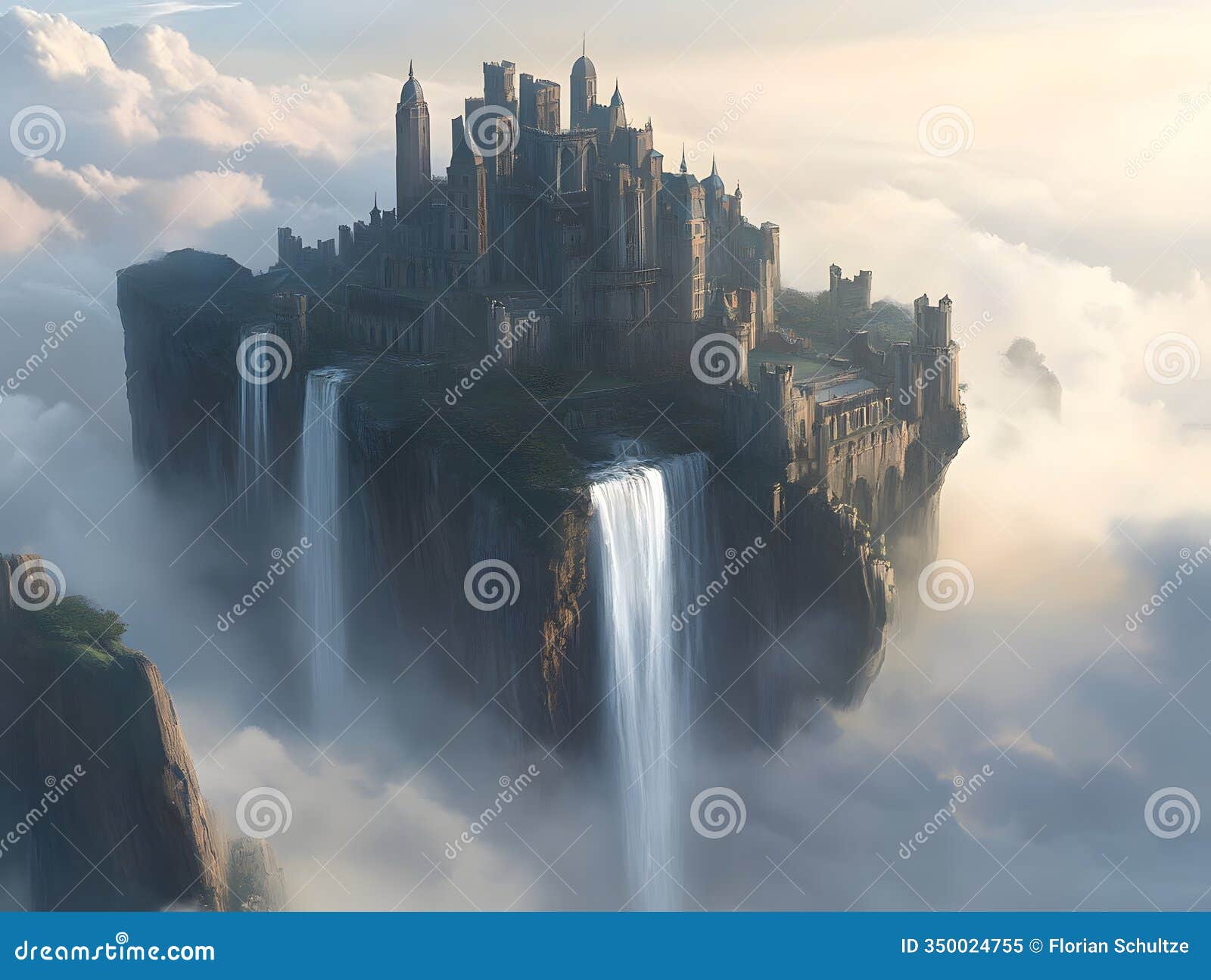 A Floating Castle Above the Clouds with Waterfall Stock Illustration ...