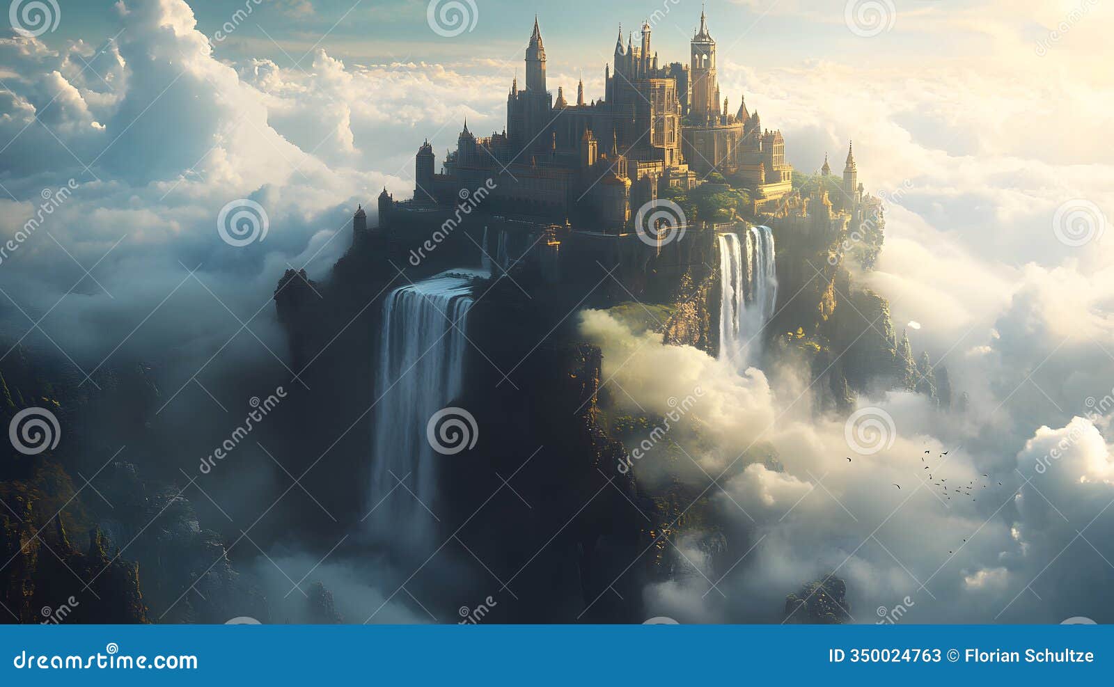 A Floating Castle Above the Clouds with Waterfall Stock Illustration ...