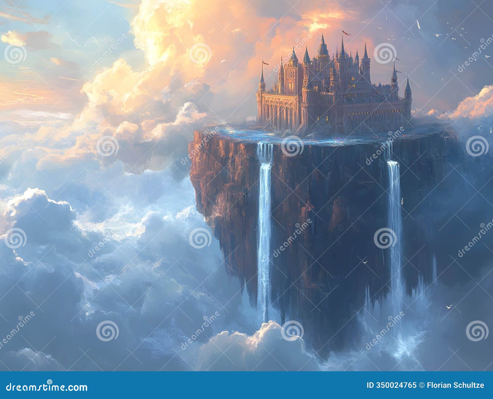 A Floating Castle Above the Clouds with Waterfall Stock Illustration ...