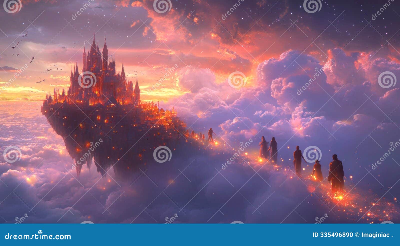 A Floating Castle with Figures Walking on a Cloud Path Stock ...
