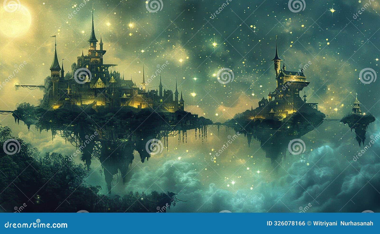Floating Castles in a Starry Sky Stock Illustration - Illustration of ...