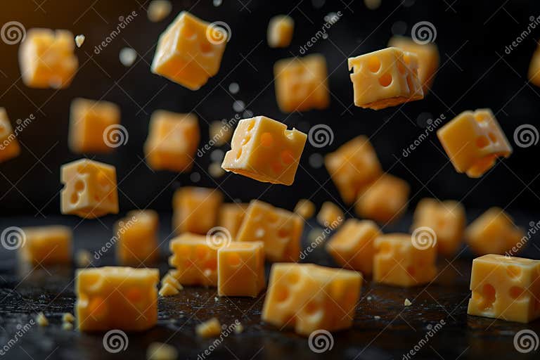 Floating Cheese Cubes in Mid-air with a Dynamic Motion Effect Stock ...