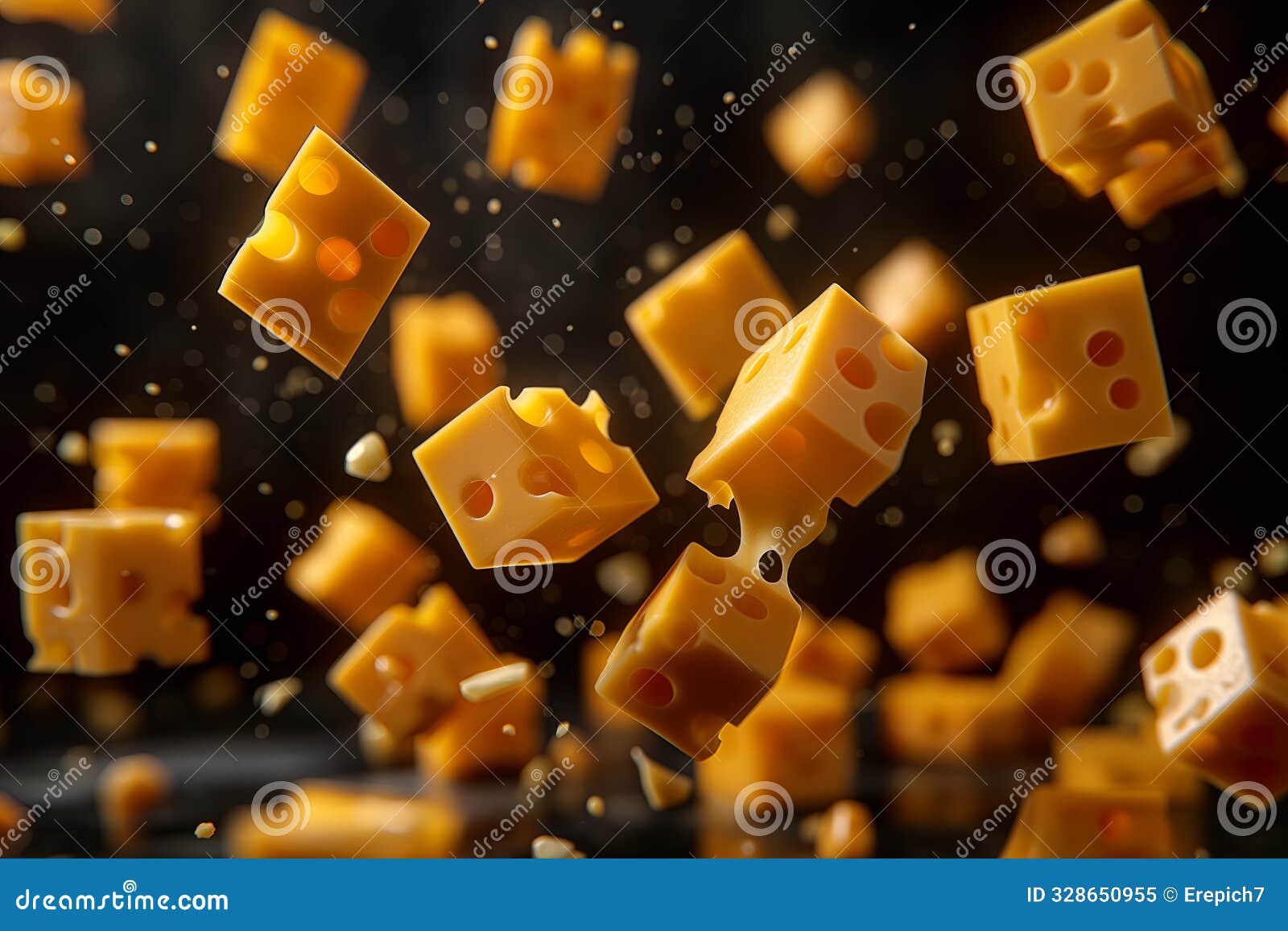 Floating Cheese Cubes in Mid-air with a Dynamic Motion Effect Stock ...
