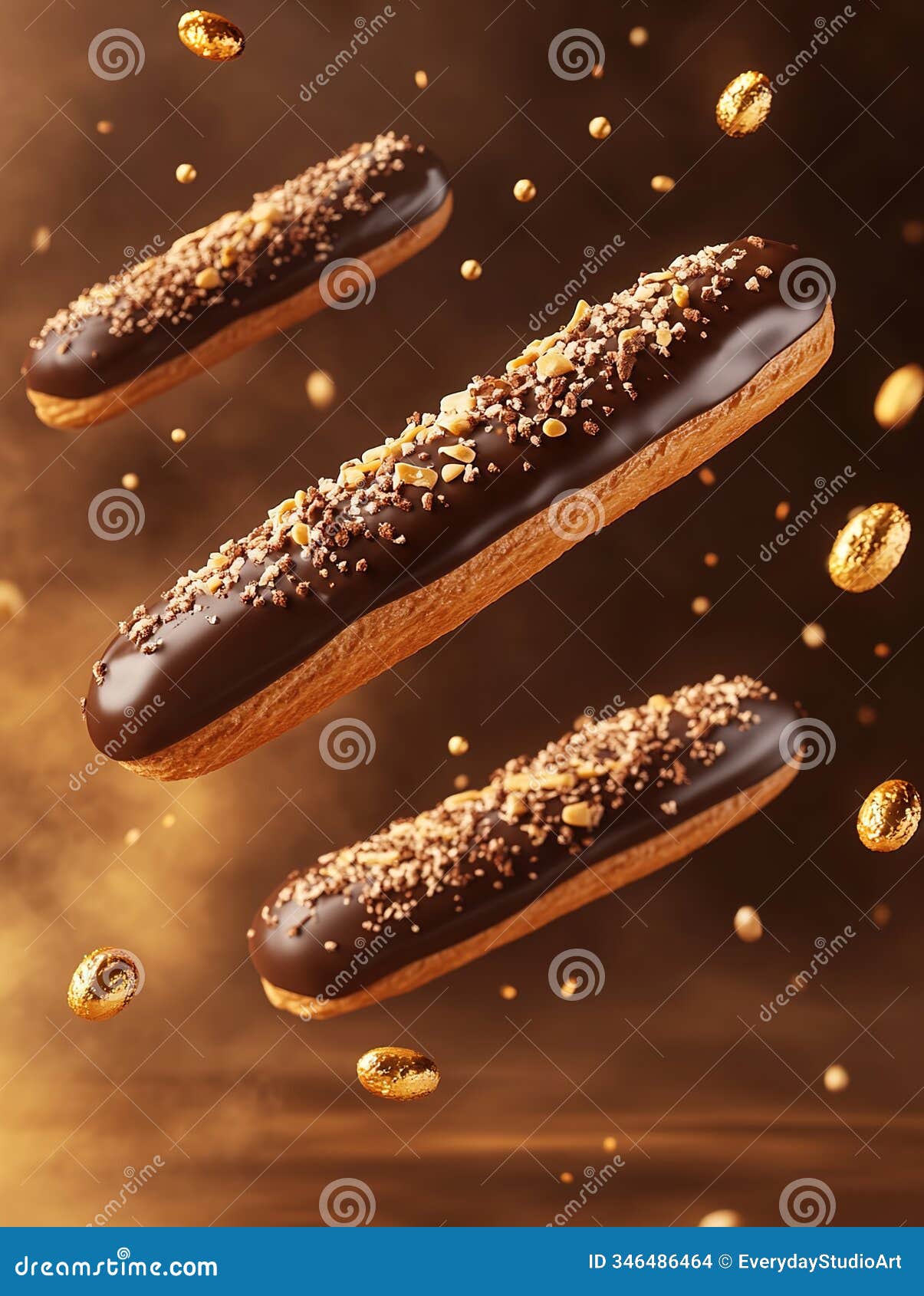 Floating Chocolate Eclairs with Crunchy Toppings on Gold Background ...