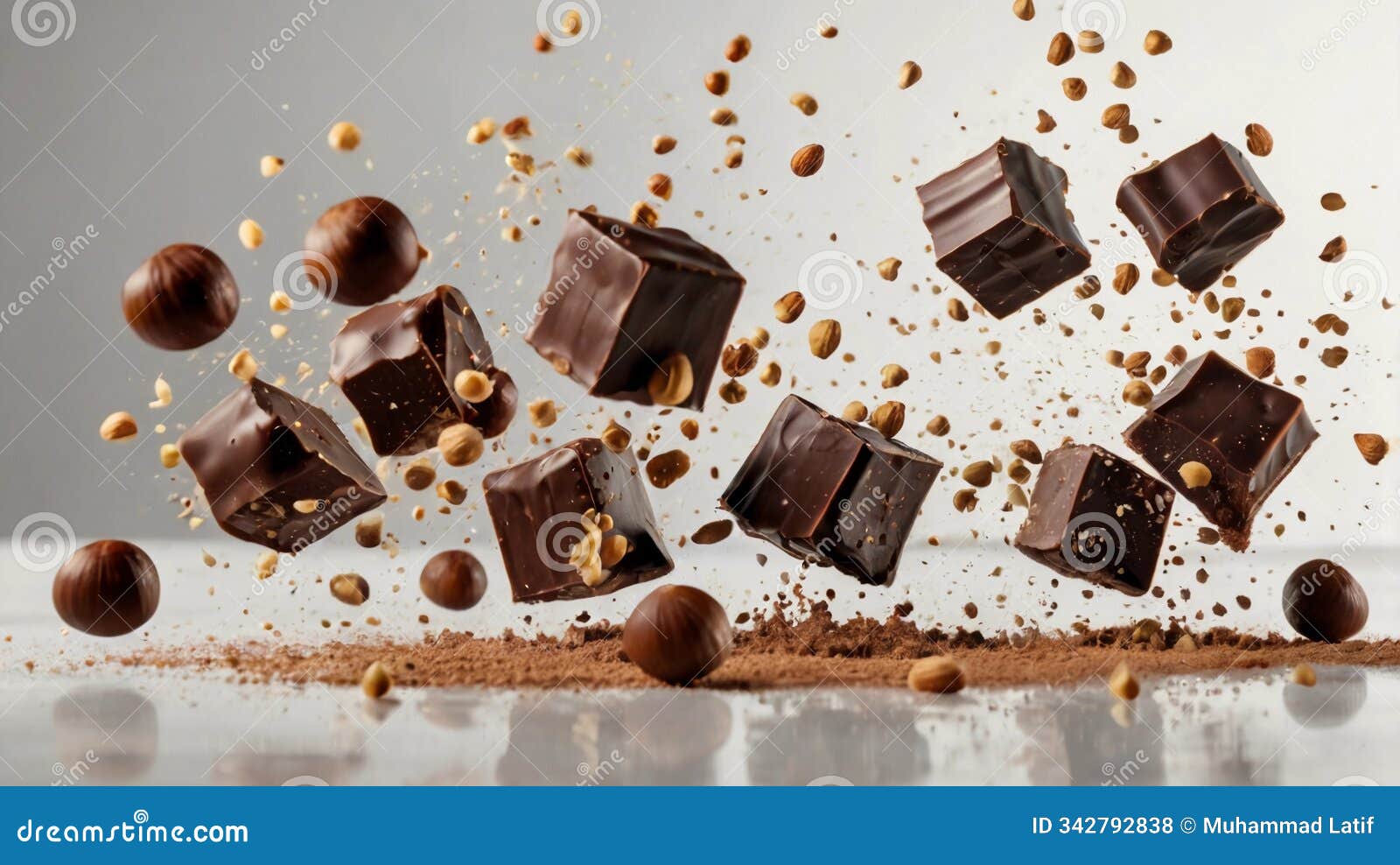 Floating Chocolate Pieces and Hazelnuts Exploding Stock Photo - Image ...