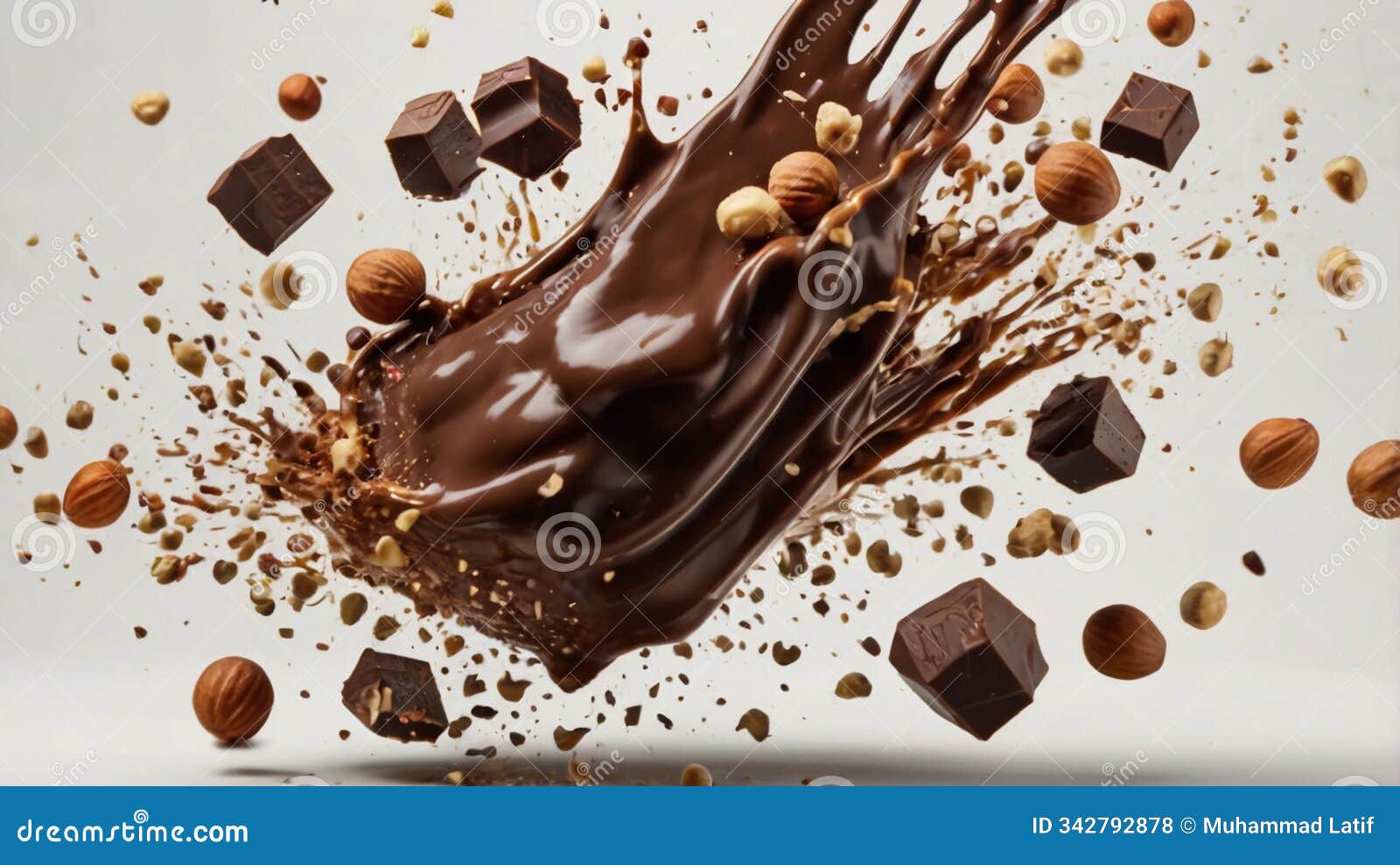 Floating Chocolate Pieces and Hazelnuts Exploding Stock Photo - Image ...