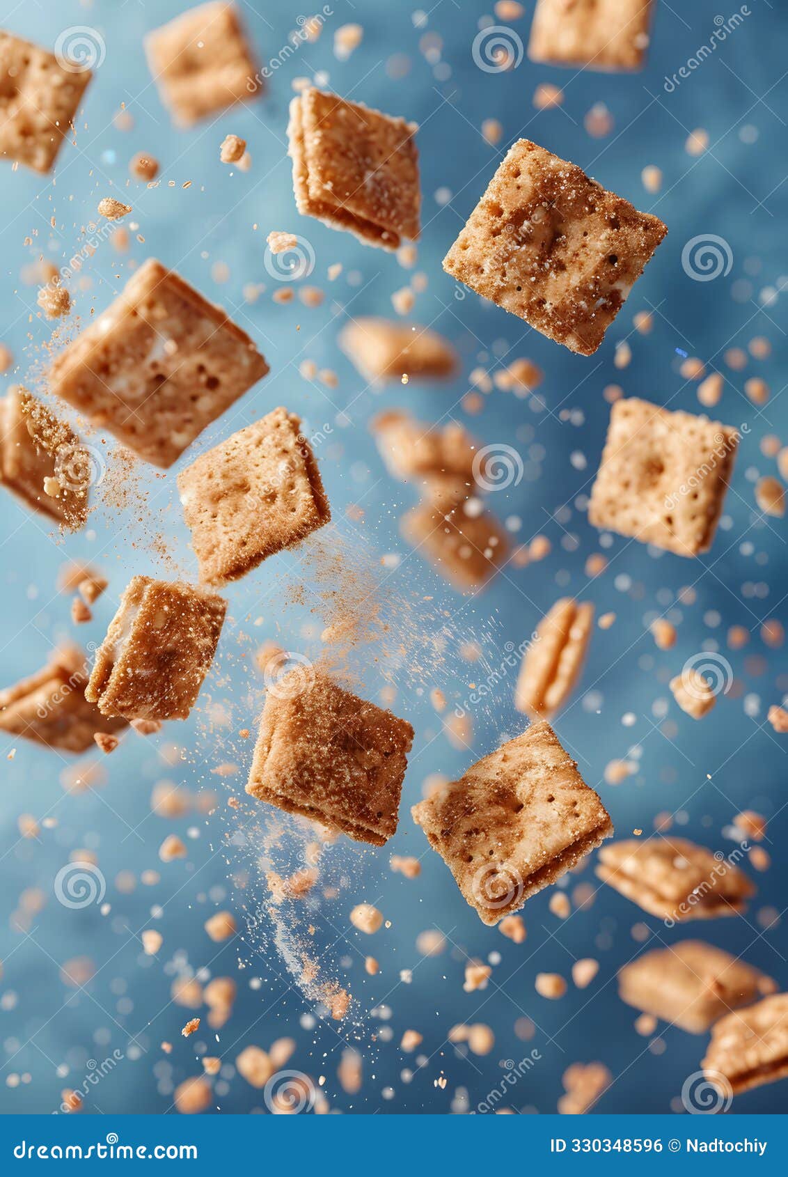 Crunchy Cinnamon Squares Falling in Air with Blue Background Stock ...