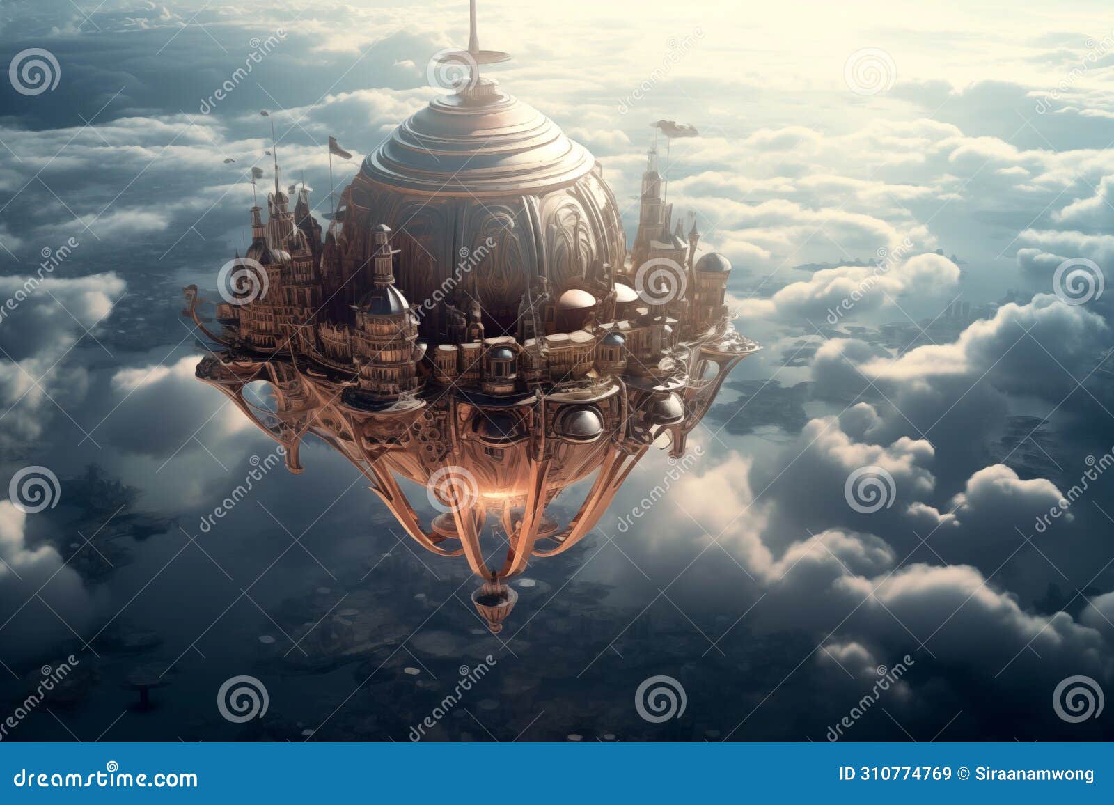 A Floating City In The Clouds: Airships Docking In A Futuristic Science ...
