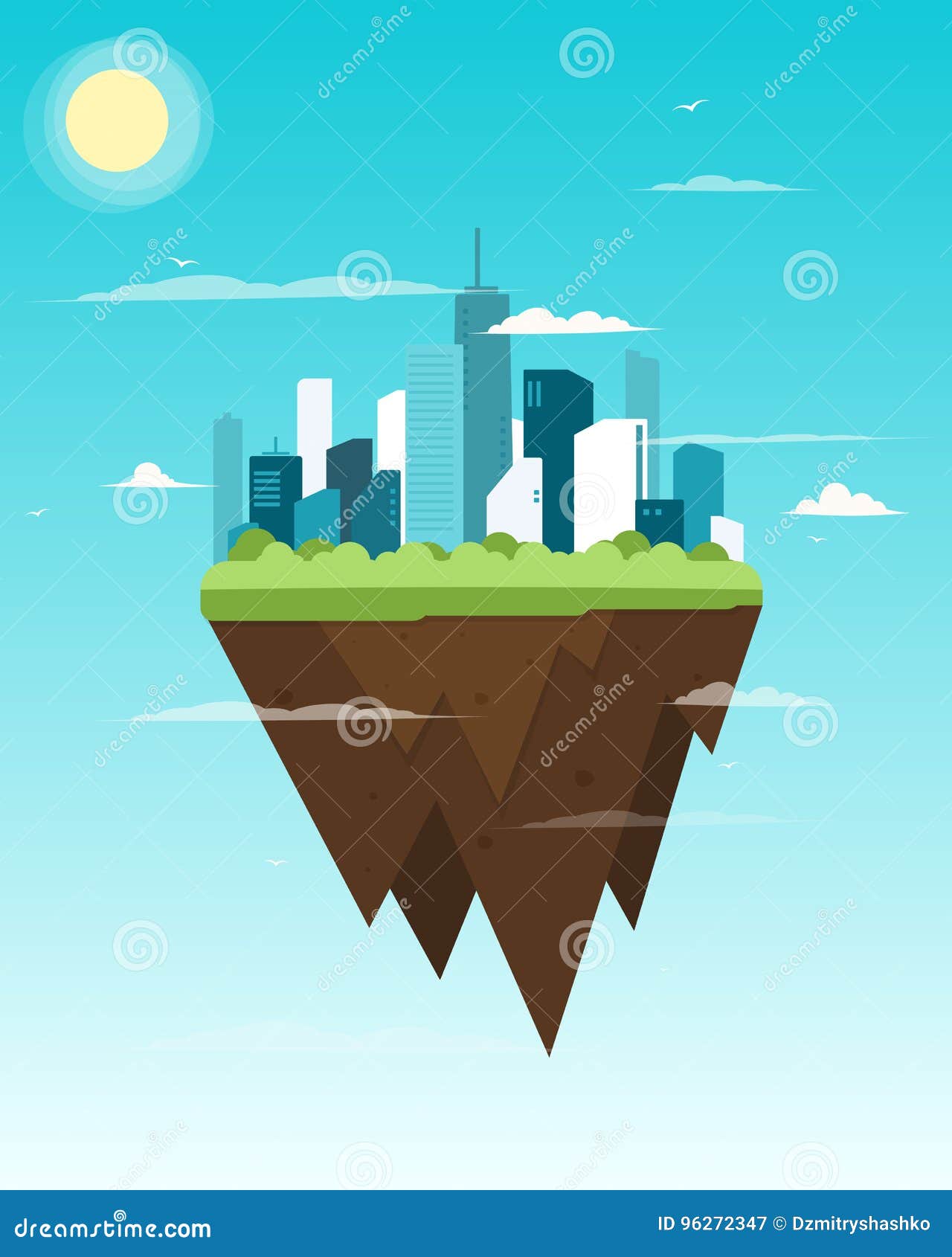 Floating city in sky stock vector. Illustration of cityscape - 96272347