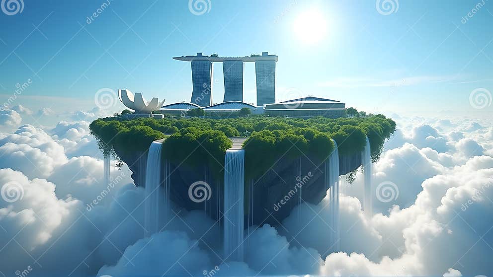 Floating City with Waterfall in the Clouds Stock Image - Image of ...