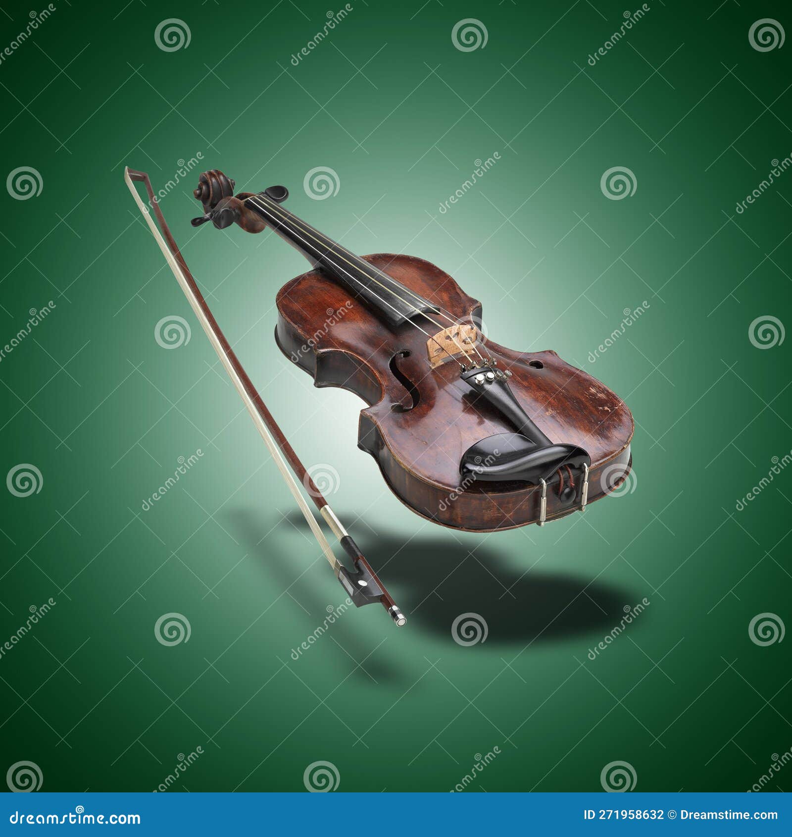Floating Classical Violin Instrument with Shadows on Green Gradient ...